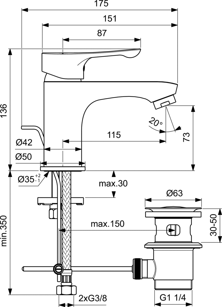 Смесител Ideal Standard Alpha, компактен модел, керамичен механизъм ...
