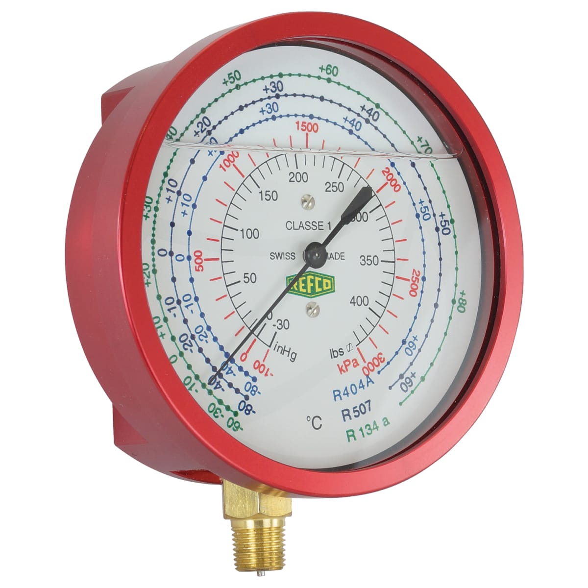 HIGH PRESSURE GAUGE, REFCO, R134A KPA/PSI, LIQUID FILLED, RED